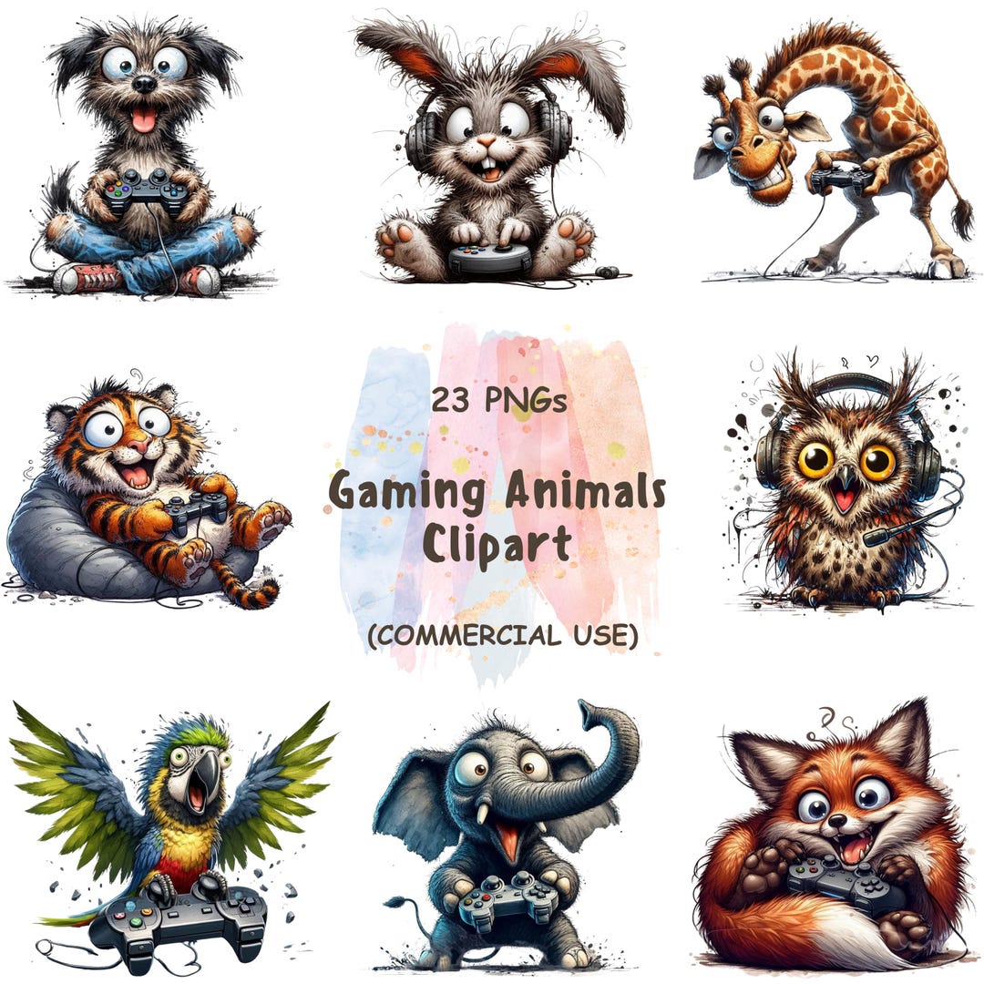 Gaming Animals Clipart: Funny Watercolor Gamer PNG Bundle (digital ...
