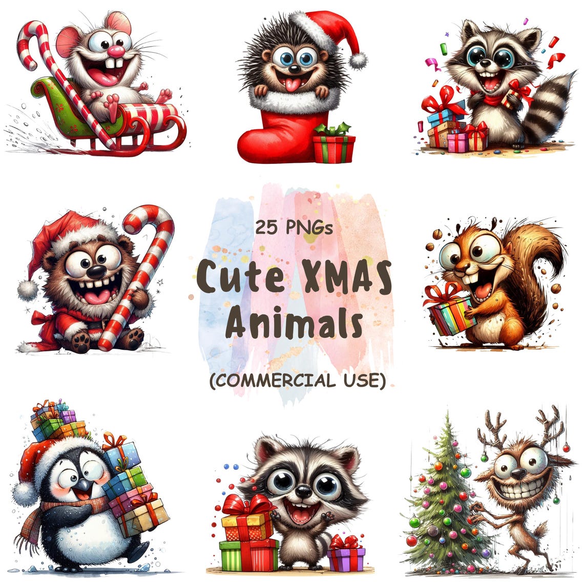Cute Christmas Animals Clipart – Watercolor Holiday PNG (digital ...