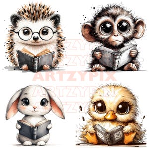 26 Animals Reading Books Clipart - Cute Book Lover Animals - Watercolor ...