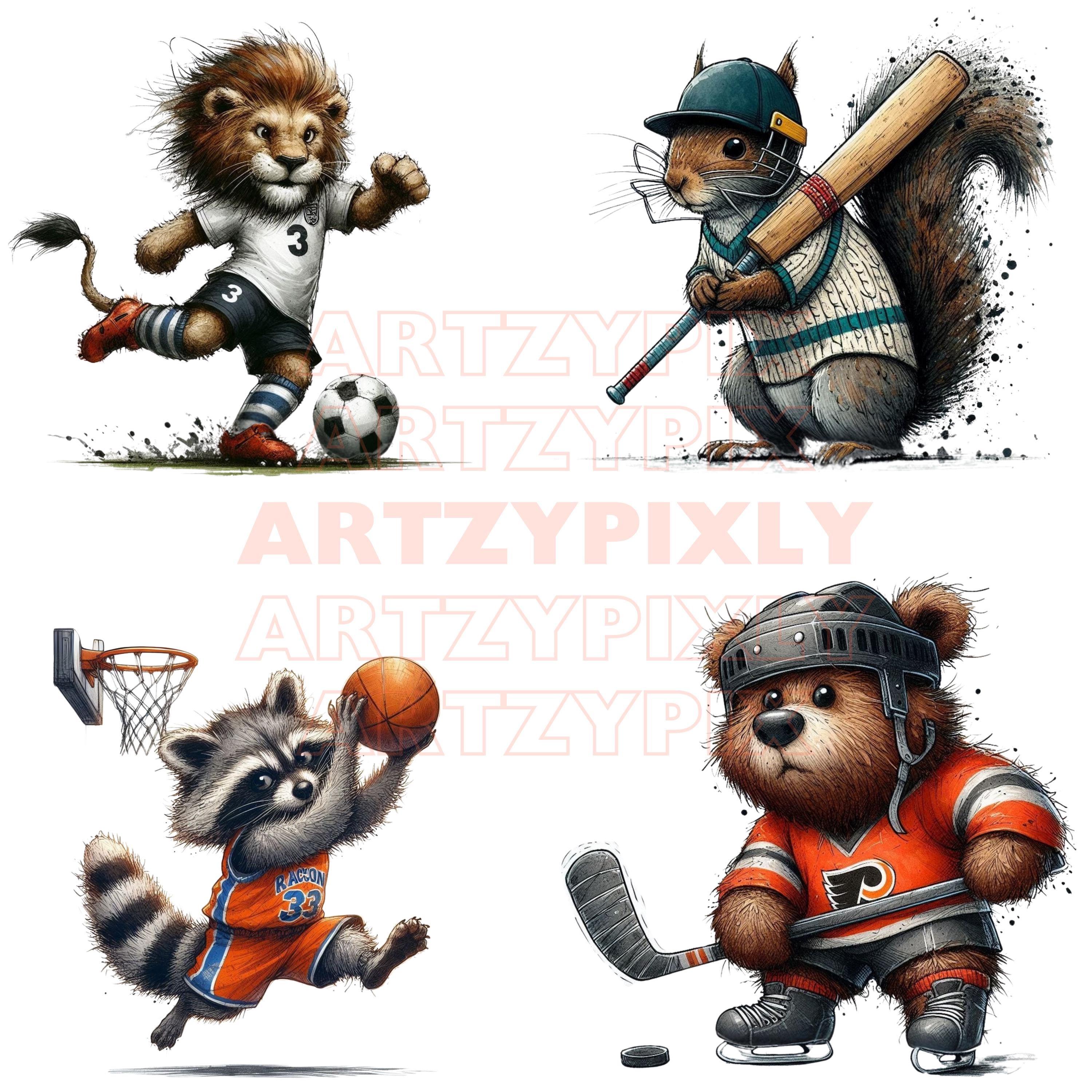 Funny Sports Animals Clipart: Watercolor Athlete PNG Bundle (digital ...