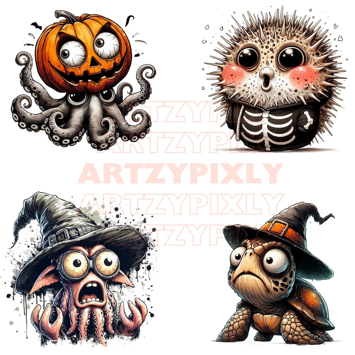 Halloween Sea Creature Clipart: Spooky Ocean Animals PNG (digital ...