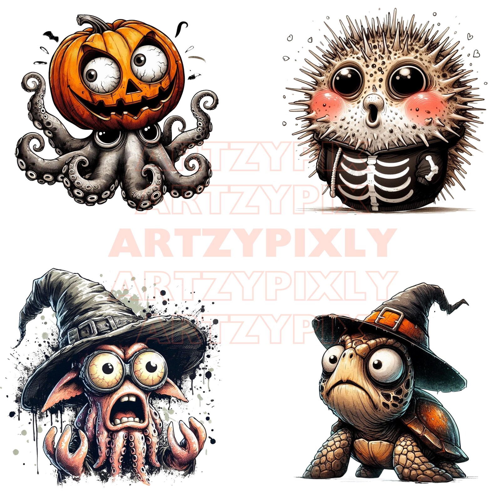 Halloween Sea Creature Clipart: Spooky Ocean Animals PNG (digital ...