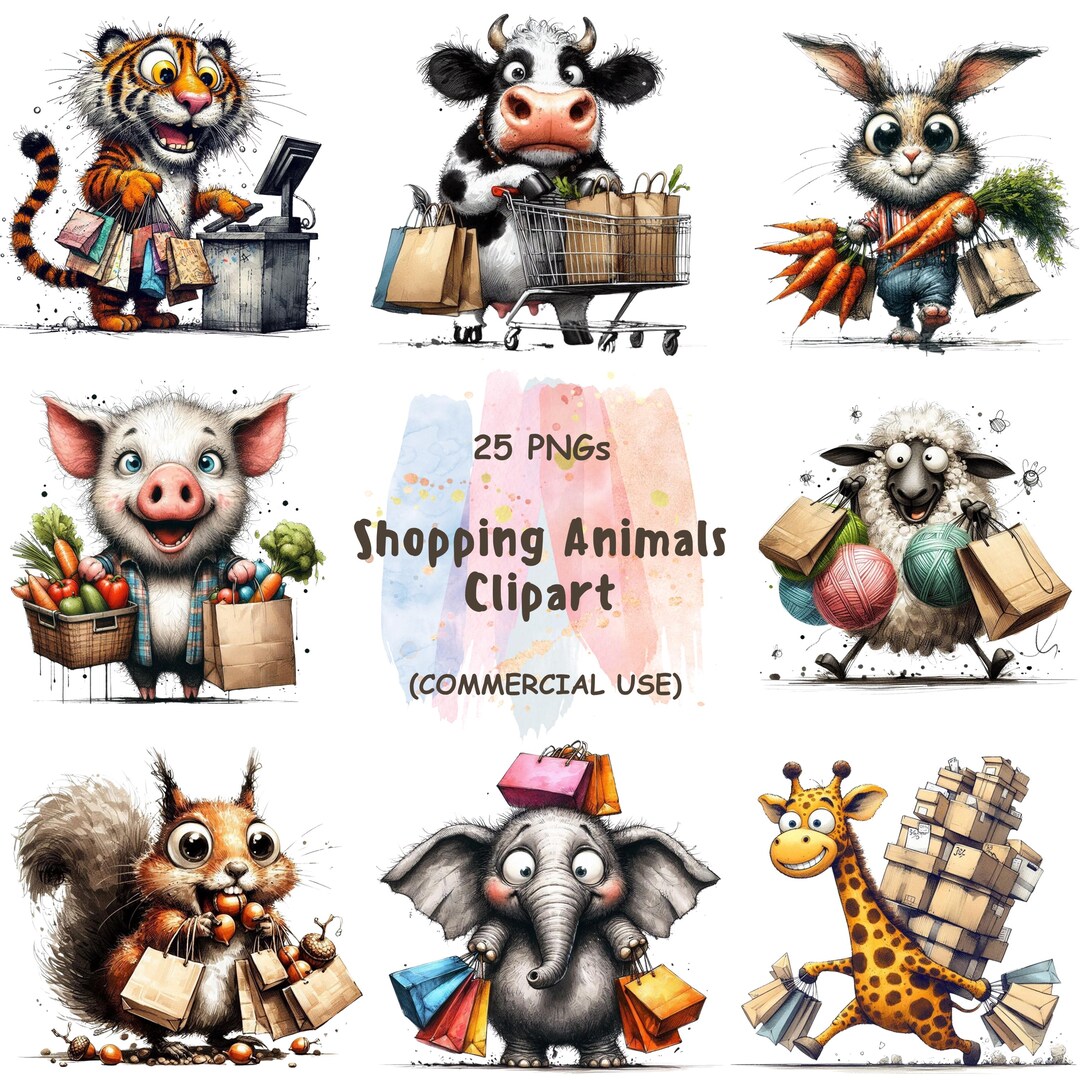 Shopping Animals Clipart Bundle | Watercolor PNG Illustrations (digital ...