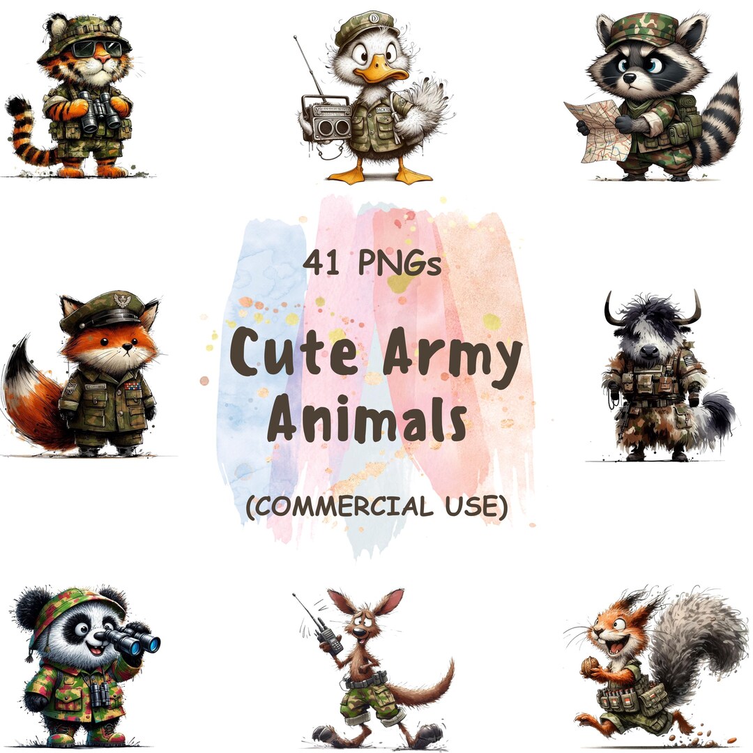 Army Animals Watercolor Clipart – Military PNG Bundle (digital Download ...