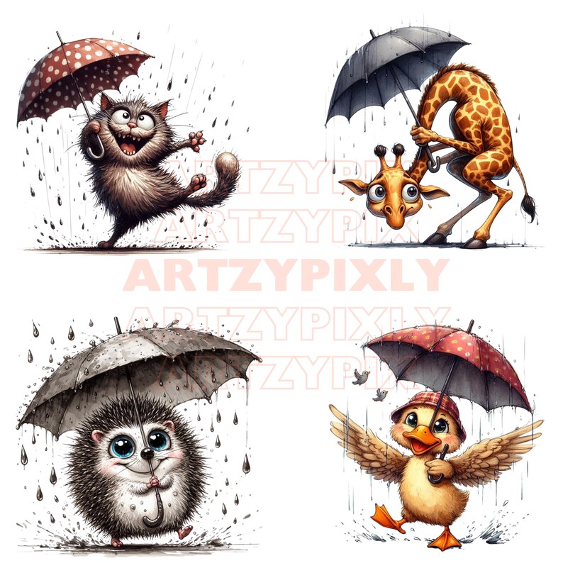 Funny Rainy Day Animals Clipart: Watercolor PNG Bundle (commercial Use ...
