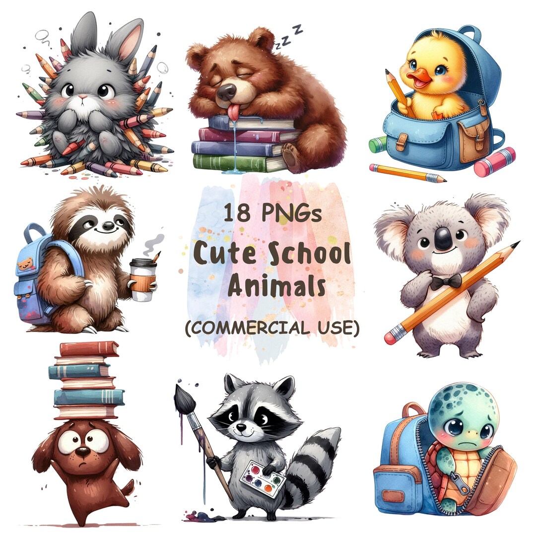 Back to School Animal Clipart Bundle: Watercolor Illustrations (digital ...