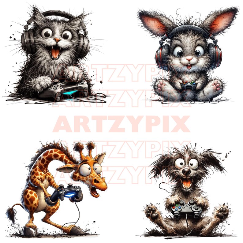 Gaming Animals Clipart: Funny Watercolor Gamer PNG Bundle (digital ...