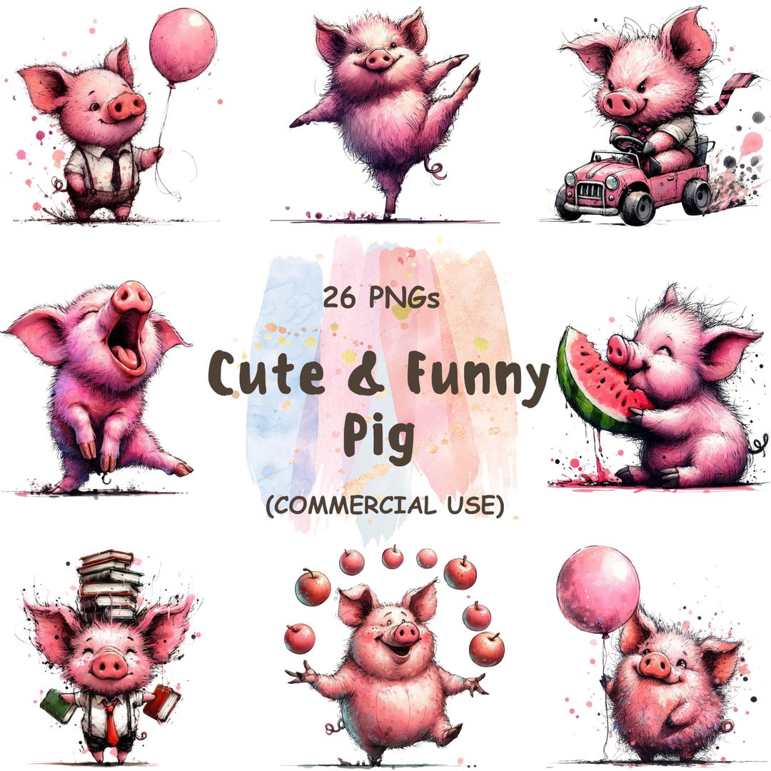 Funny Pig Clipart Bundle: Watercolor Farm Animal Pngs (digital Download ...