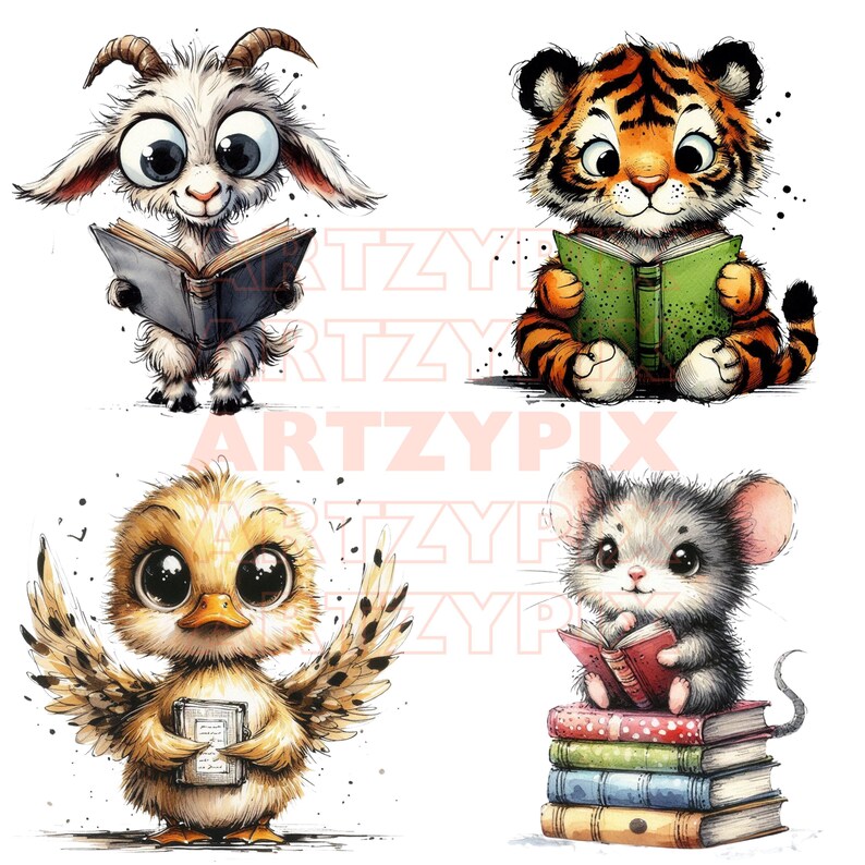 26 Animals Reading Books Clipart - Cute Book Lover Animals - Watercolor ...
