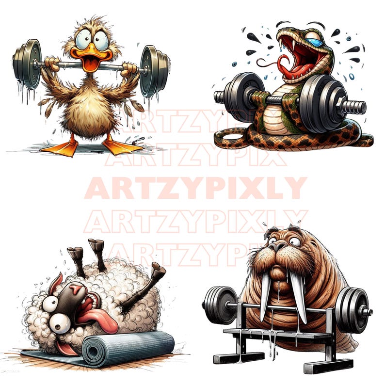 Funny Gym Animals Clipart Bundle: Watercolor Workout Pngs (digital ...