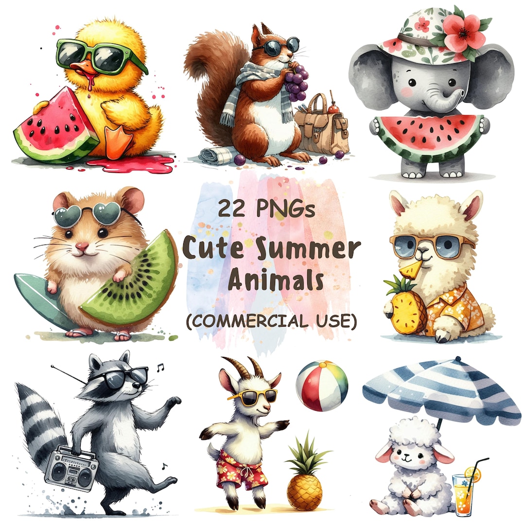 Summer Animal Clipart Bundle: Beach Vacation Watercolor PNG (digital ...