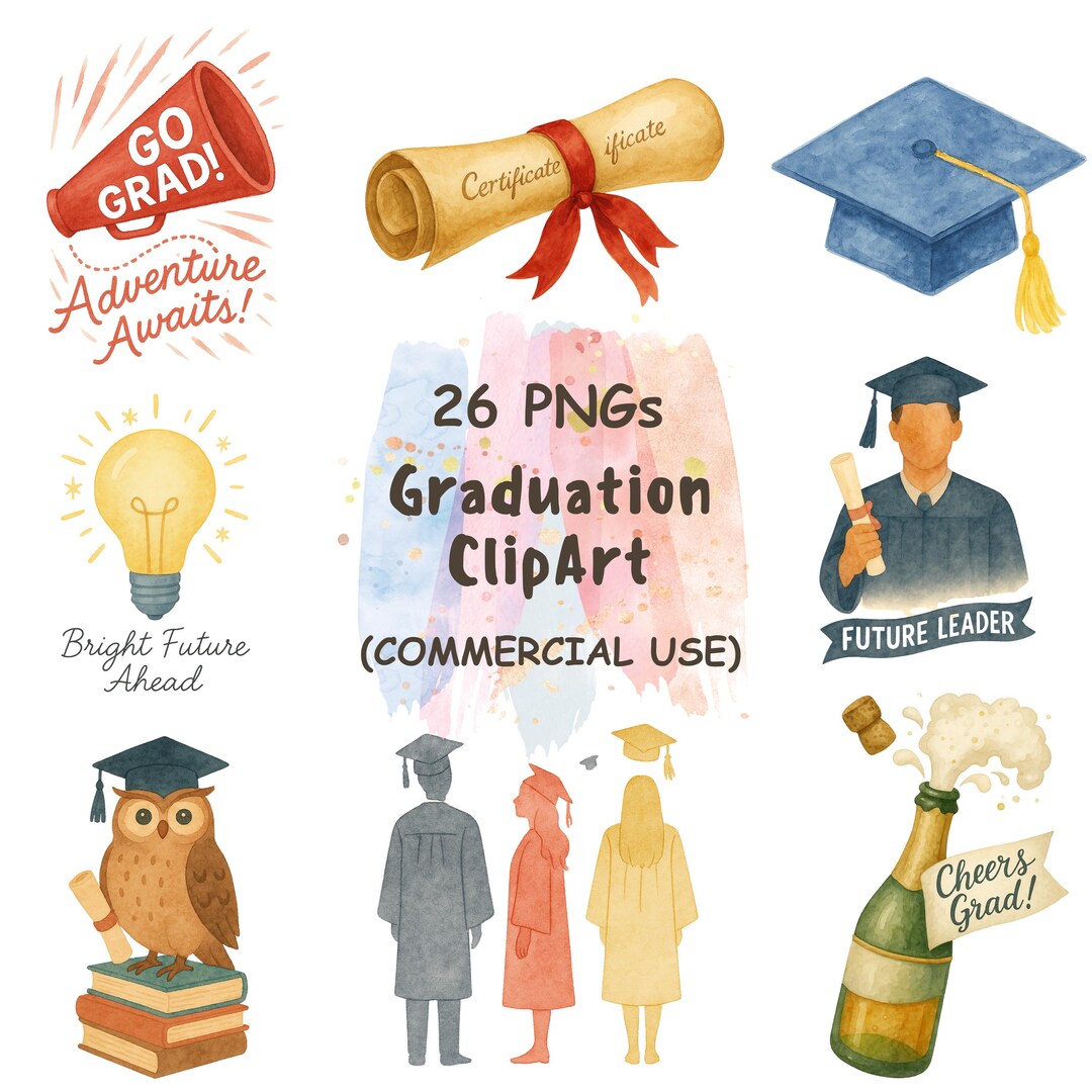 Graduation Clipart Bundle: Watercolor PNG Images (digital Download ...