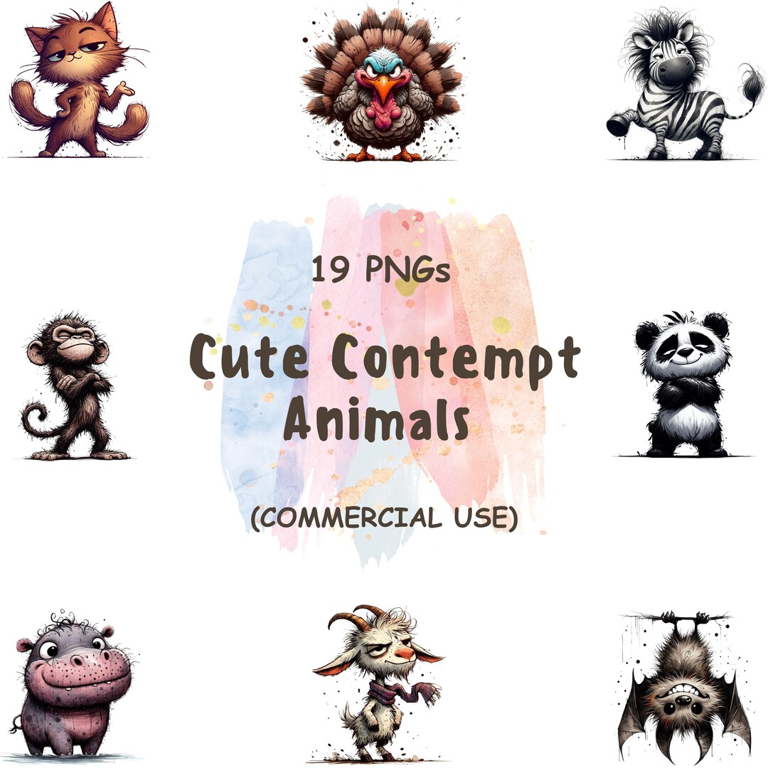 Funny Watercolor Animal Faces Clipart: Sassy PNG Bundle (digital ...