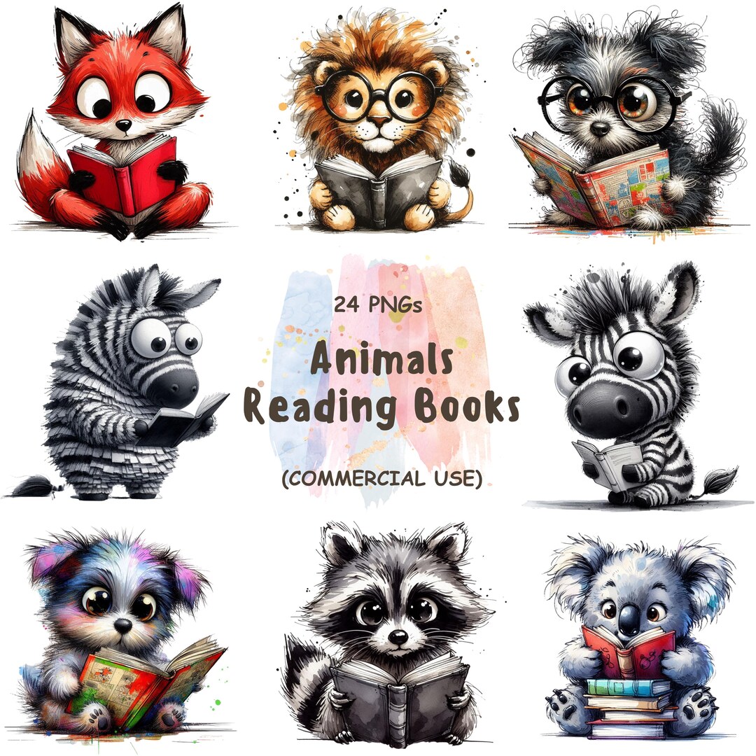 26 Animals Reading Books Clipart - Cute Book Lover Animals - Watercolor ...