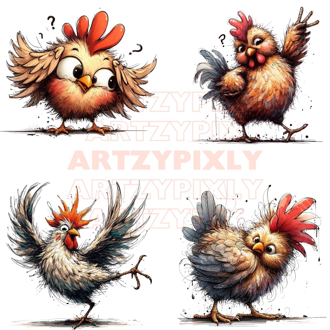 Funny Chicken Clipart Bundle: Watercolor Farm Animals (digital Download ...