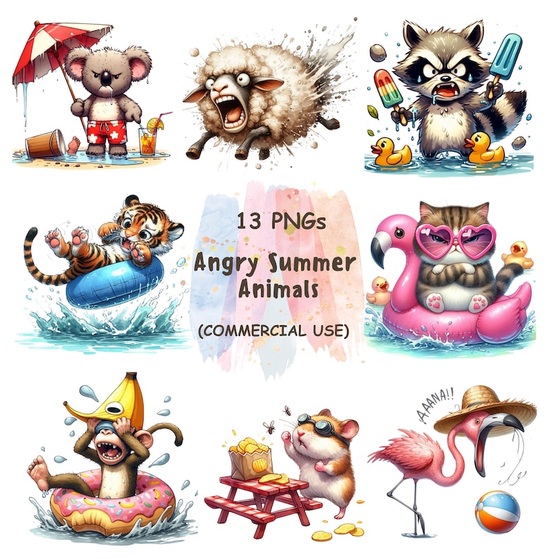 Angry Summer Animals Clipart: Watercolor Safari PNG (digital Download ...