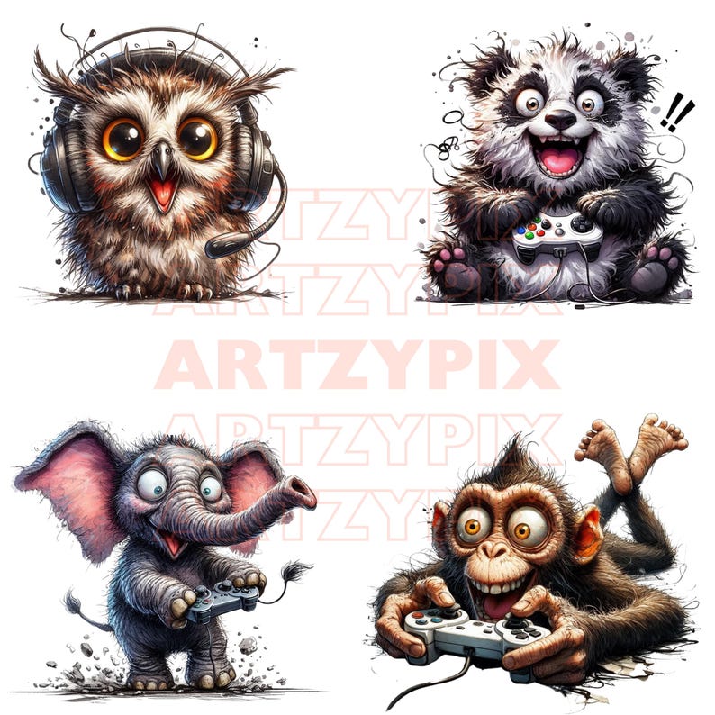 Gaming Animals Clipart: Funny Watercolor Gamer PNG Bundle (digital ...