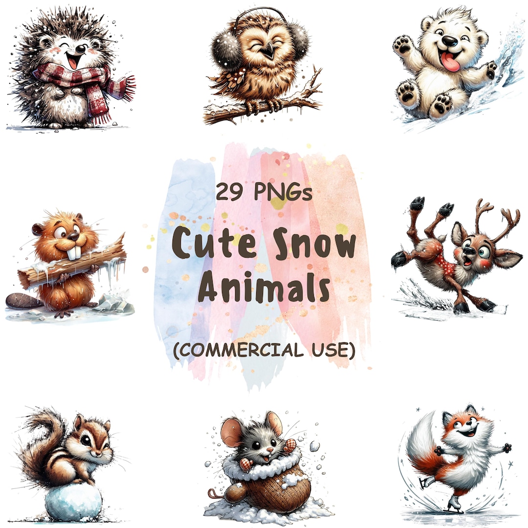 Cute Snow Animals Clipart Bundle - 29 Winter Animal PNG - Watercolor ...