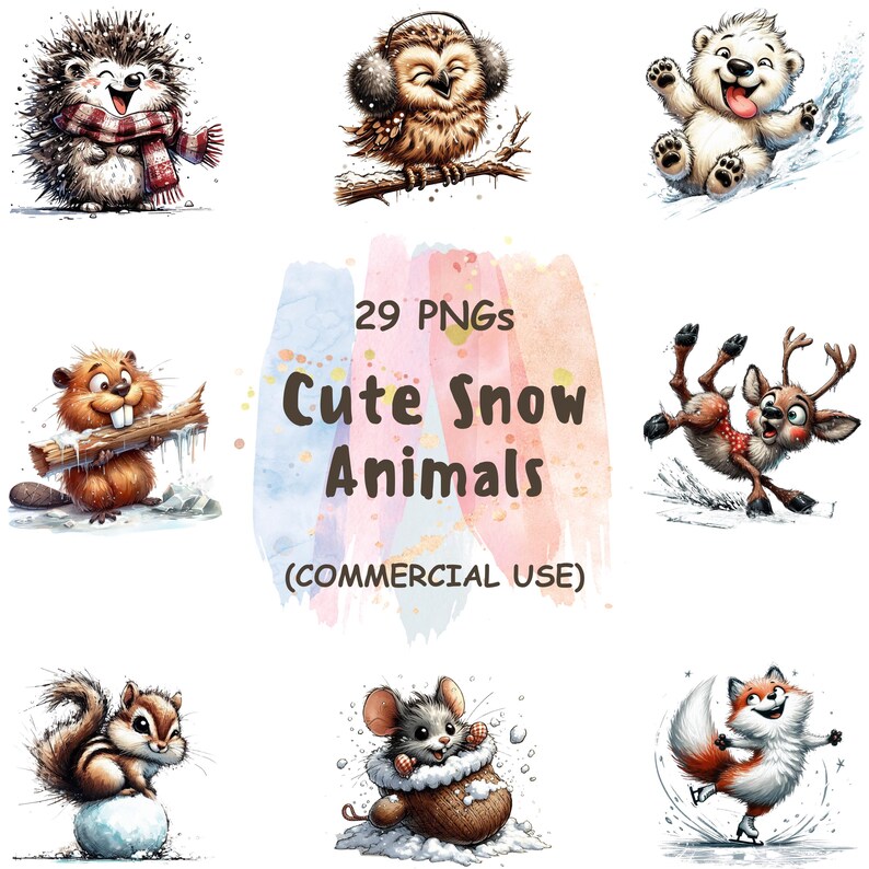 Cute Snow Animals Clipart Bundle - 29 Winter Animal PNG - Watercolor ...