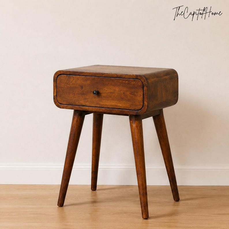 Avora Mango Wood Nightstand, Chestnut or Oak Finish Mid Century Bedside ...
