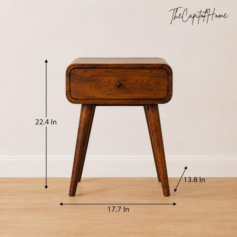 Avora Mango Wood Nightstand, Chestnut or Oak Finish Mid Century Bedside ...