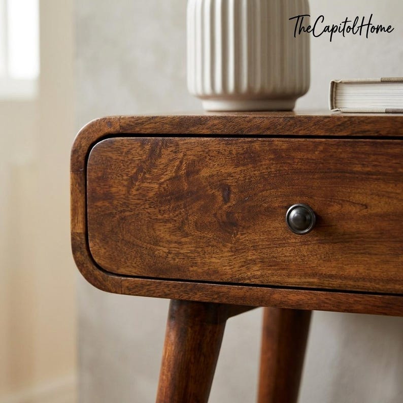 Avora Mango Wood Nightstand, Chestnut or Oak Finish Mid Century Bedside ...