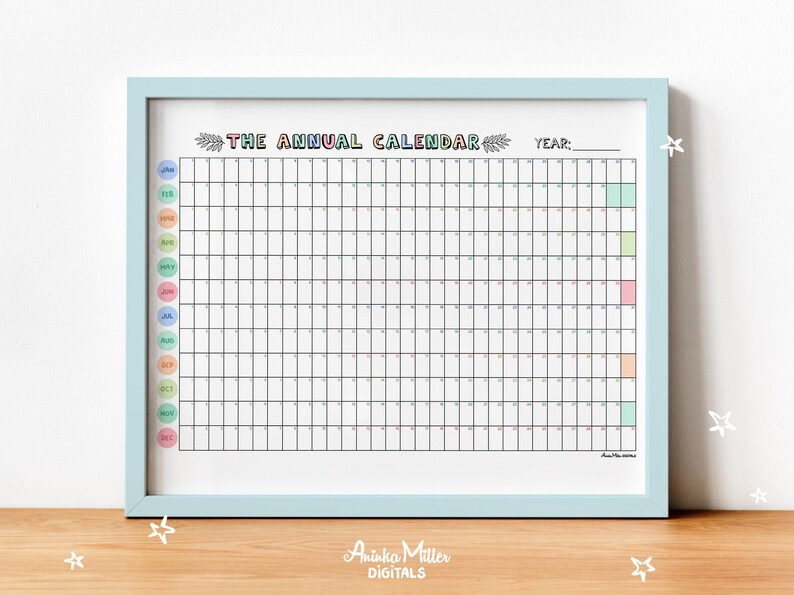 Perpetual Full Year at a Glance Calendar, Undated 365 Days on One Page ...