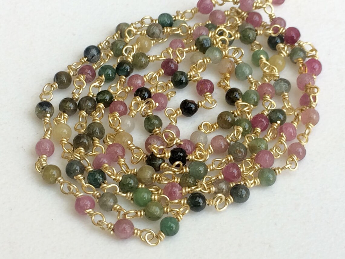3mm Multi Tourmaline Plain Round Beads Connector Chains in 925 Silver ...