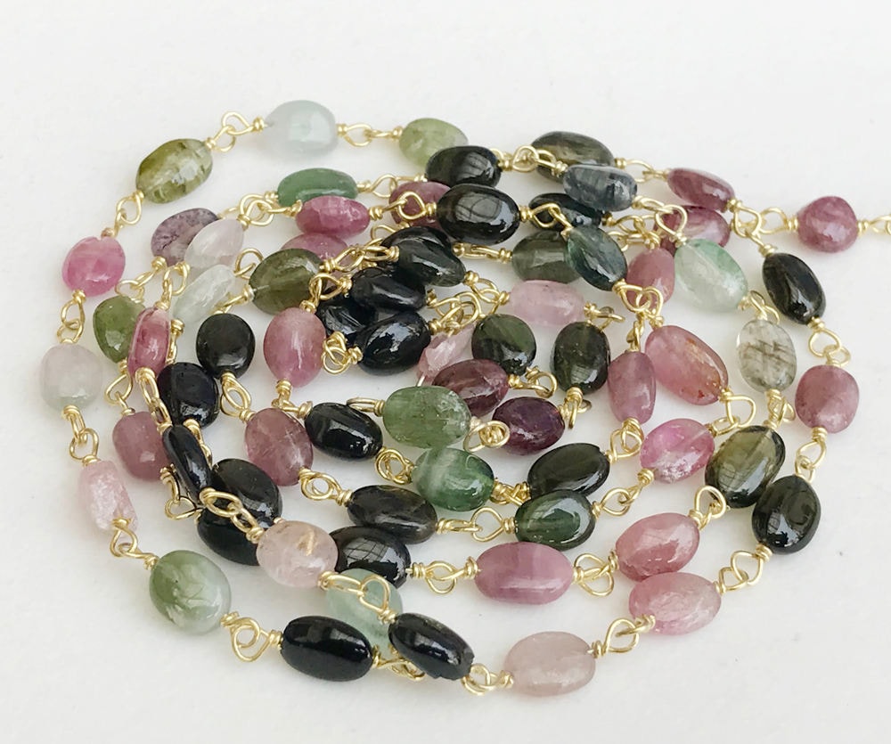 5-6mm Multi Tourmaline Plain Oval Beads Connector Chains in 925 Silver ...
