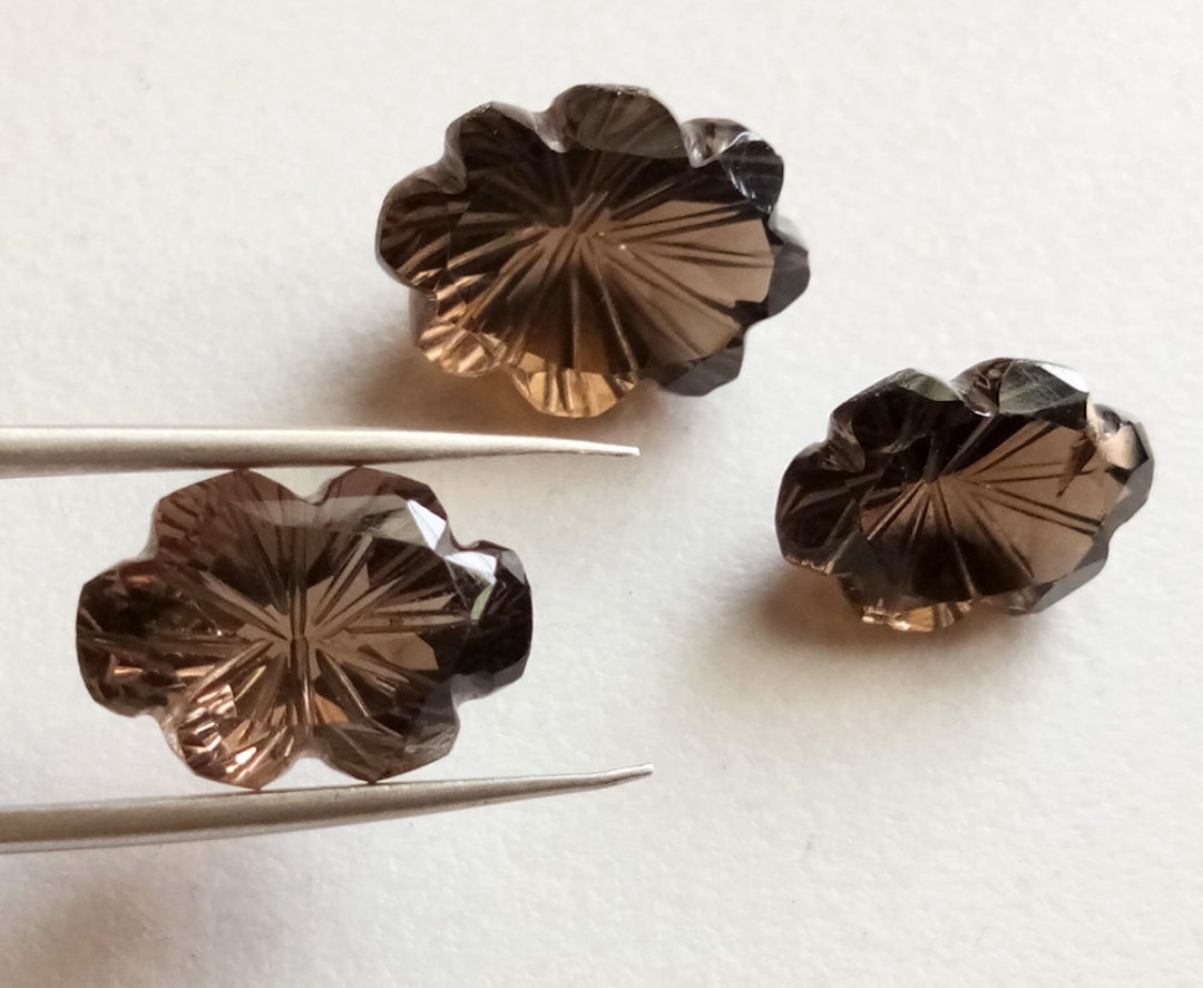 3 Pc Set Smoky Quartz Fancy Shape Hand Carved Cut Stones, Filigree ...