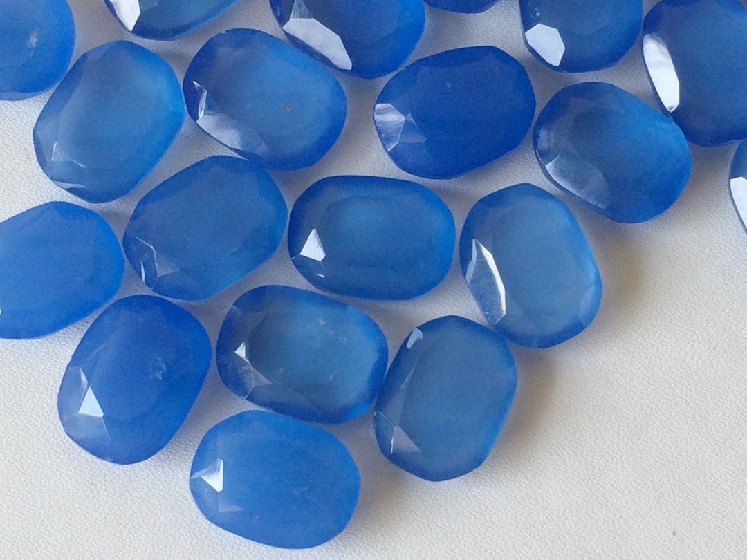 12x16mm Blue Chalcedony Table Cut Flat Back Cabochons, Blue Faceted ...