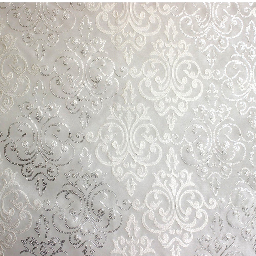 White & Silver Damask Embroidered Sheer Curtain Fabric By The | Etsy