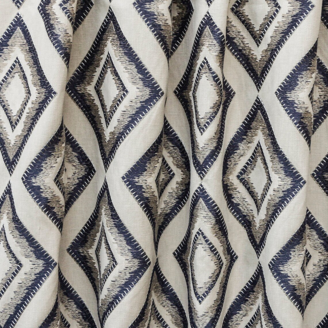 Blue Diamonds Embroidered Fabric by the Yard / Metre, Cotton Linen ...