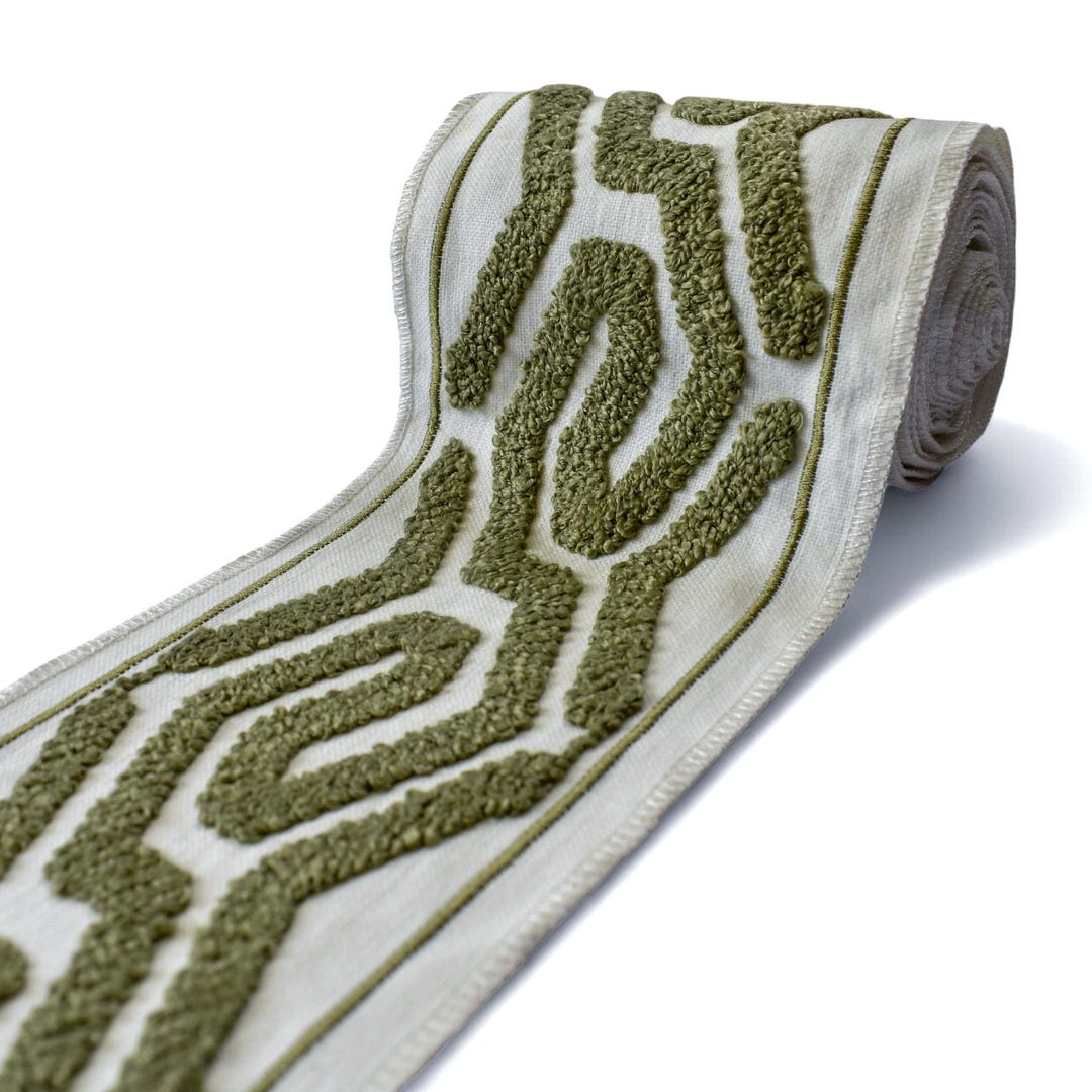 Olive Labyrinth Loop Embroidered Trim With Textured Embroidery, Boucle ...