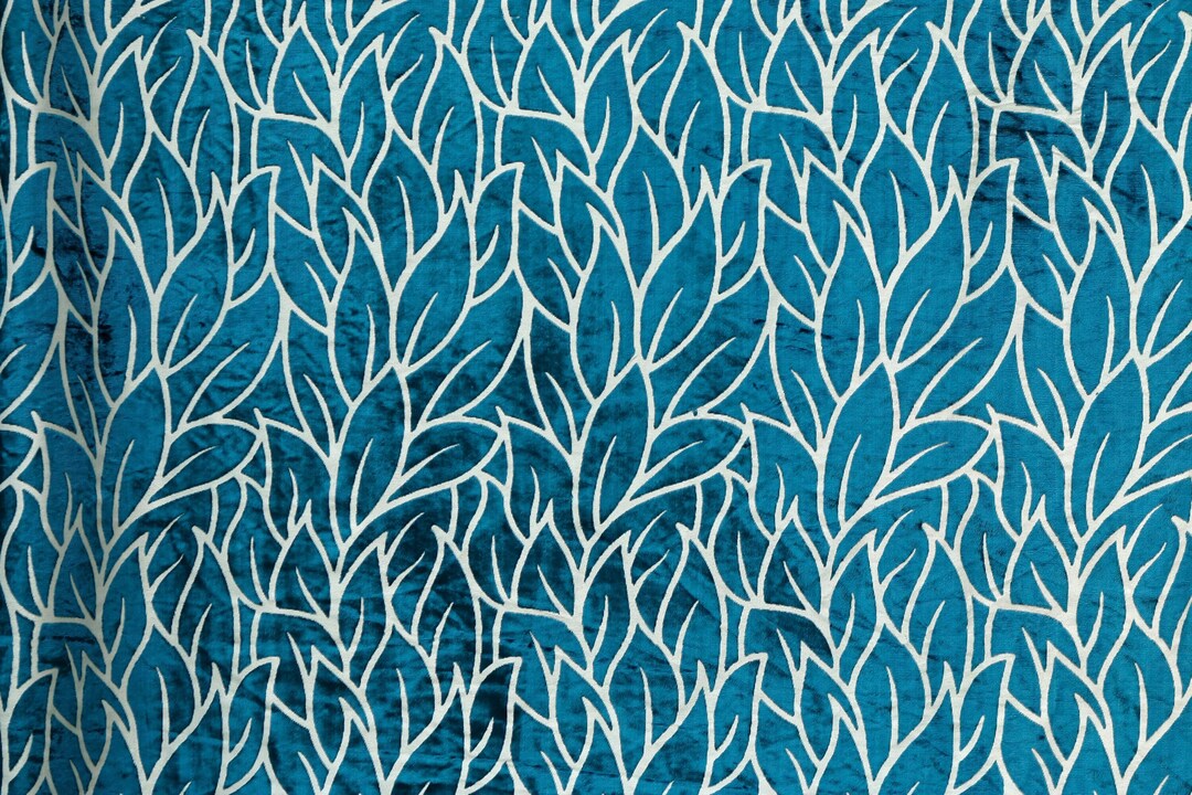 Teal Blue Leaves Fabric by the Yard, Burnout Velvet Fabric, Curtain ...