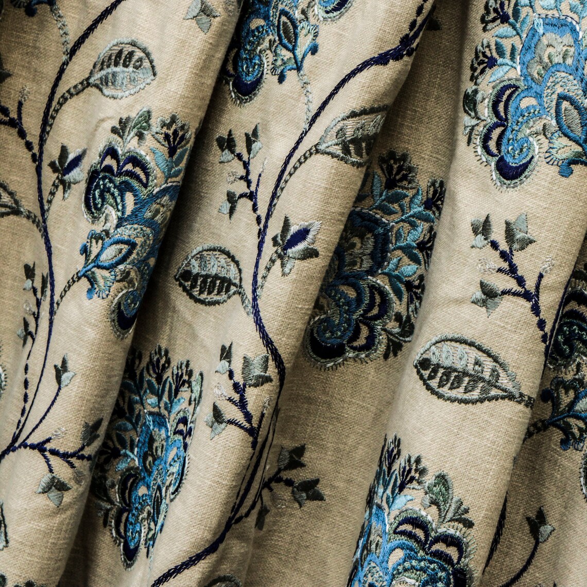 Blue Flowers Embroidered Fabric By The Yard Cotton Linen | Etsy