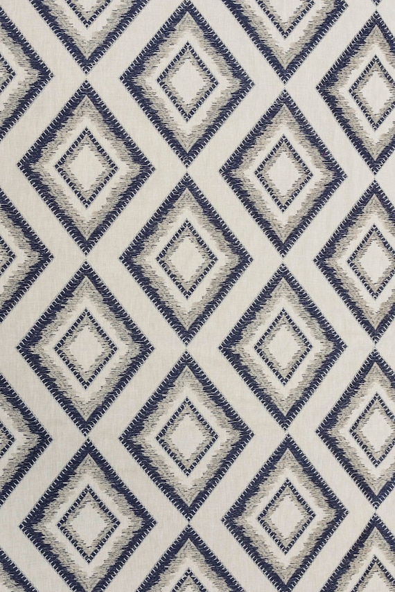 Blue Diamonds Embroidered Fabric by the Yard Cotton Linen | Etsy