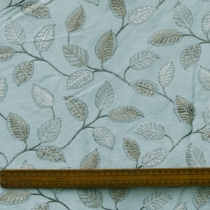 Powder Blue Leaves Fabric by the Yard / Metre, Cotton Linen Embroidered ...