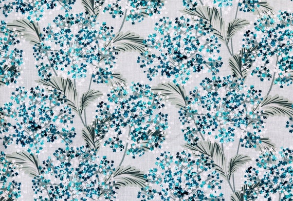 Turquoise Blue Flowers Printed Cotton Fabric by the Yard | Etsy