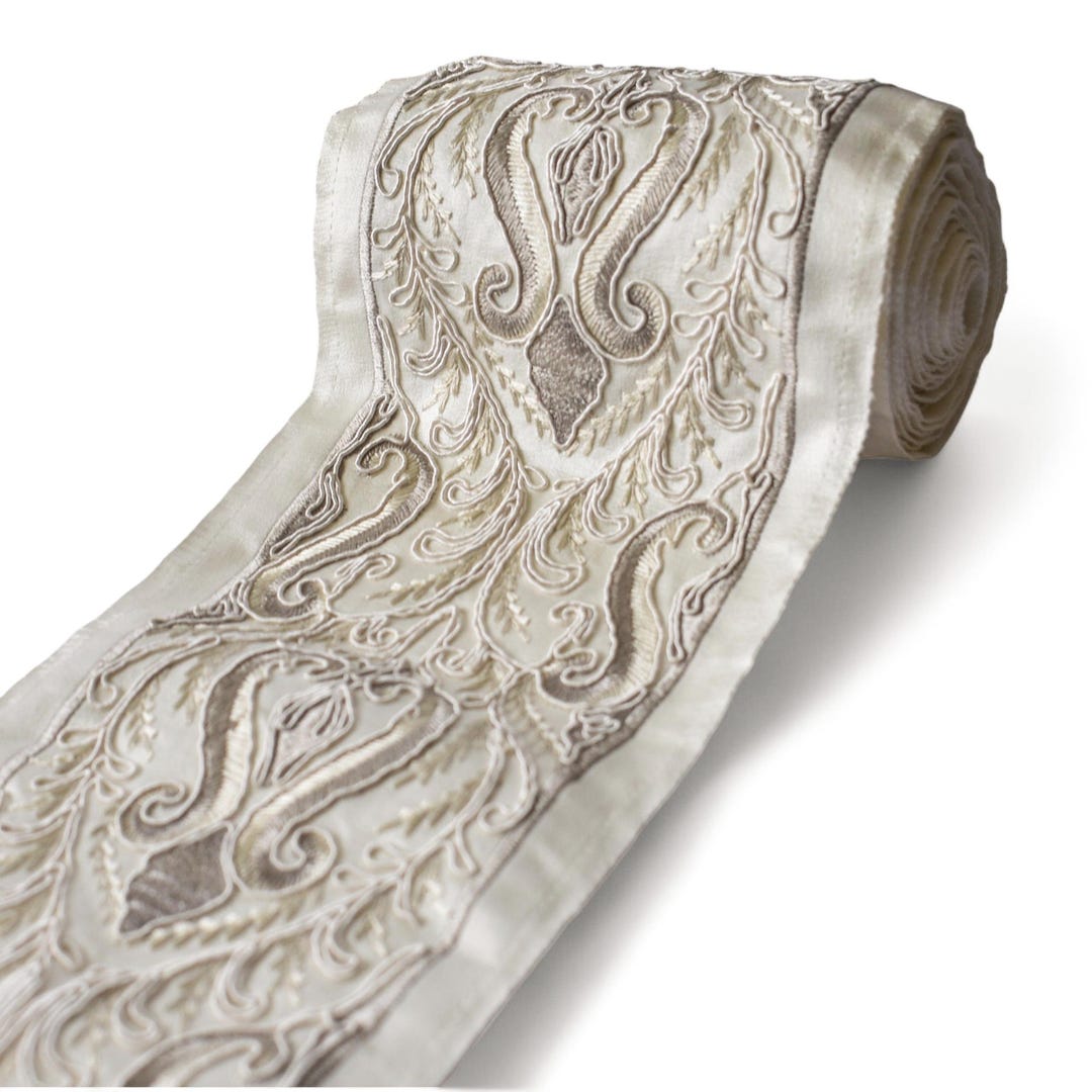 Baroque Vine Ivory Embroidered Designer Trim, Zardozi Border Tape ...