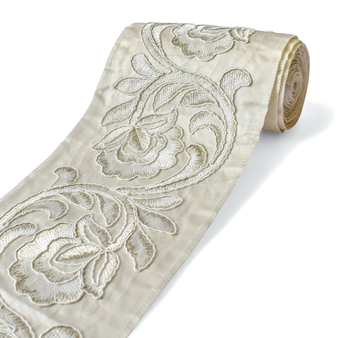 Cream Bloom Appliqué Embroidered Border, Floral Embroidery Trim Lace ...