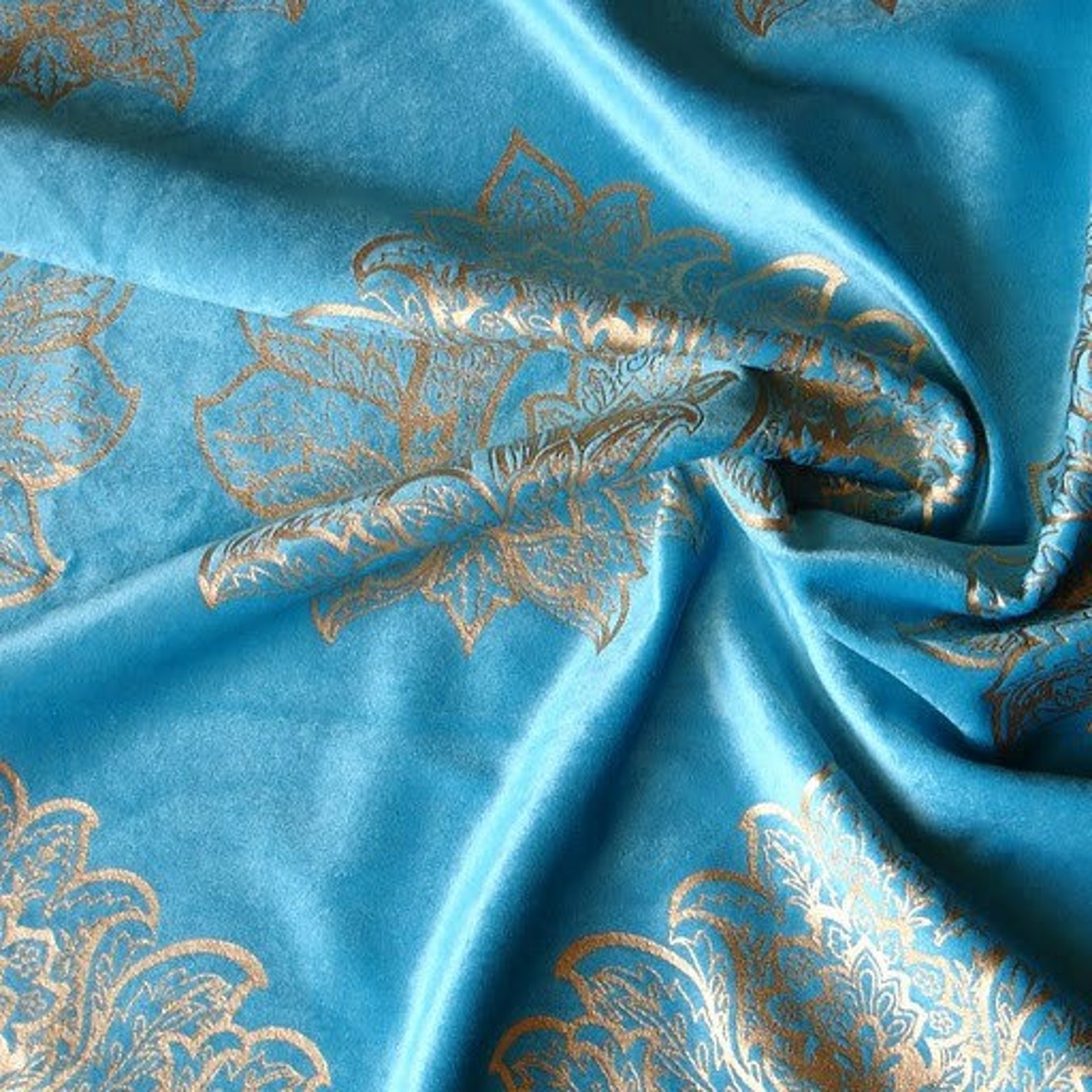 Blue Flowers Velvet Fabric Sky Blue Velvet With Gold Print | Etsy