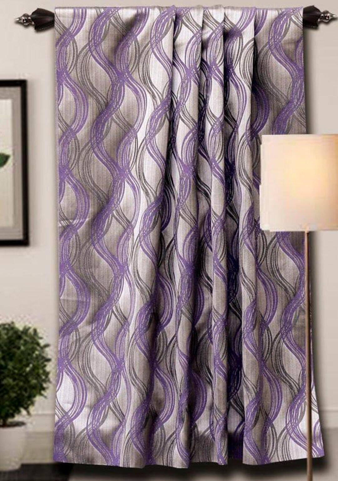 Purple Stripes Jacquard Weave Curtain Panels, Swirls Curtain (rod ...