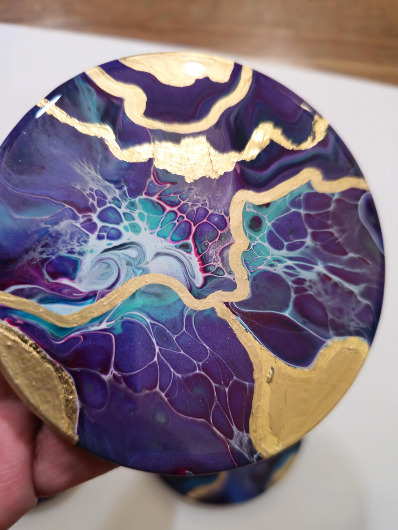 Hand-painted Ceramic Coasters, Teal Purple Gold Art, Metallic Shine ...