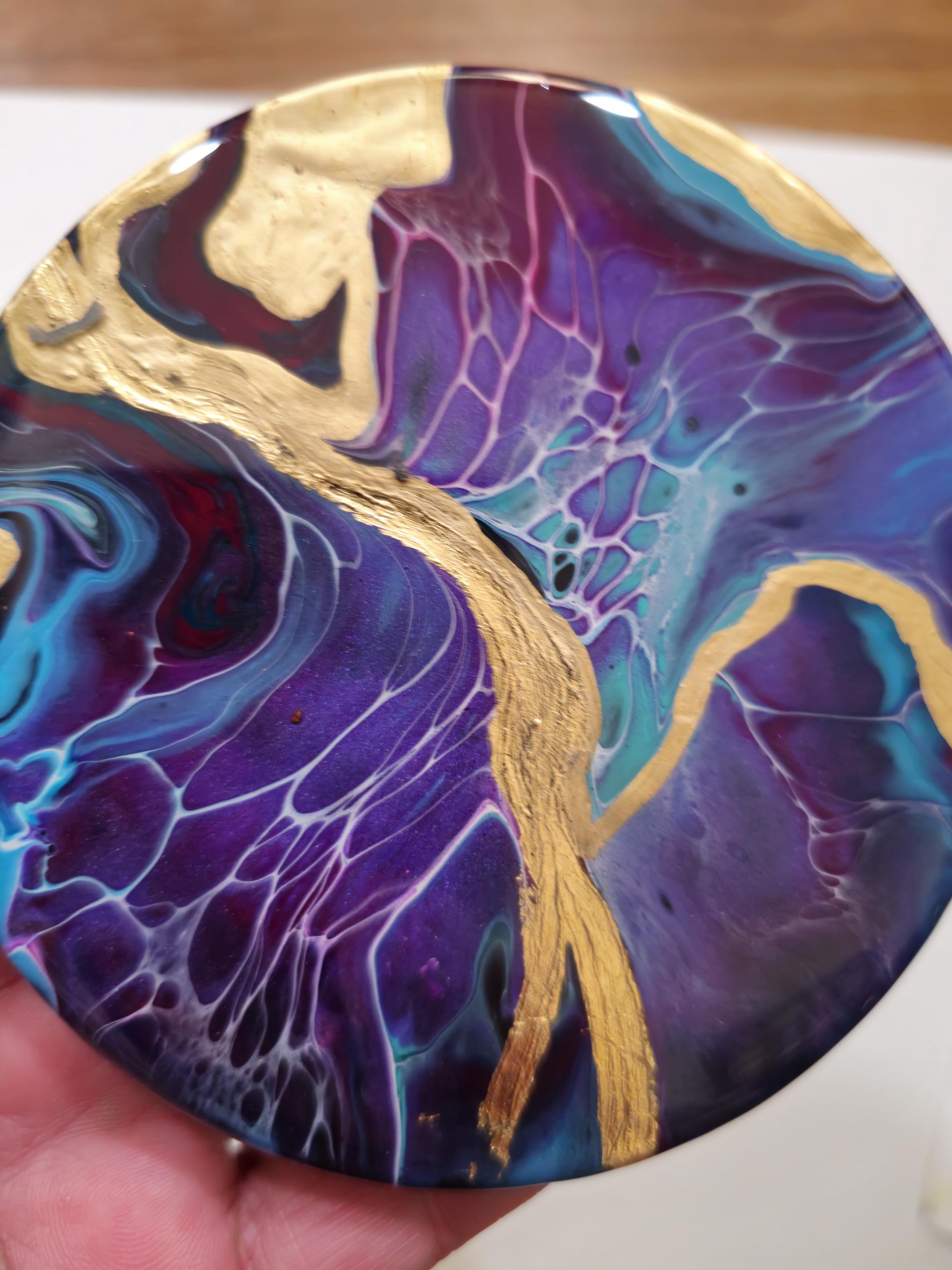 Hand-painted Ceramic Coasters, Teal Purple Gold Art, Metallic Shine ...
