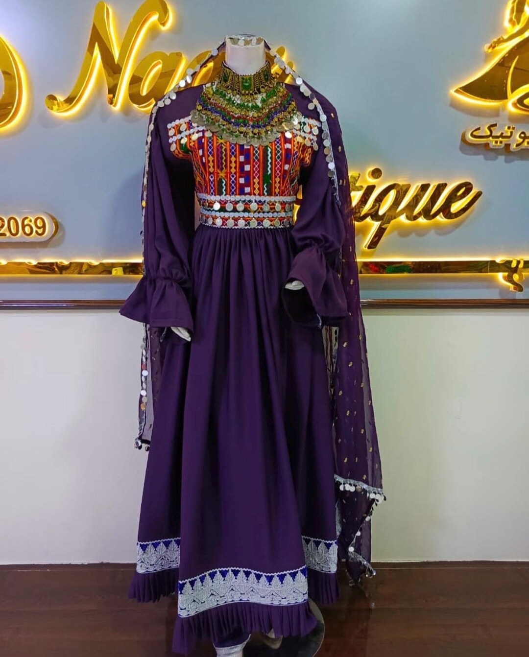 Handmade Afghan Kuchi Dress | Traditional Embroidered Purple Dress With ...