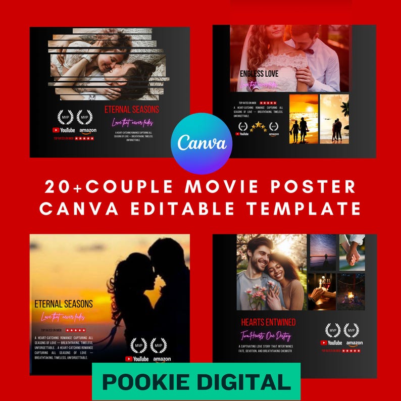 Editable Couple Movie Poster Canva Template Pack 20, Custom Romantic ...