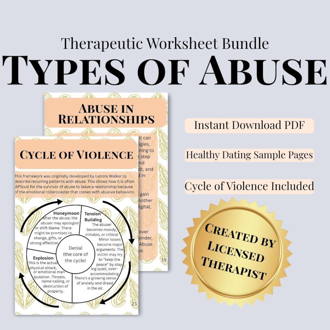 Types of Abuse & Cycle of Violence Worksheet Bundle, Therapist-created ...