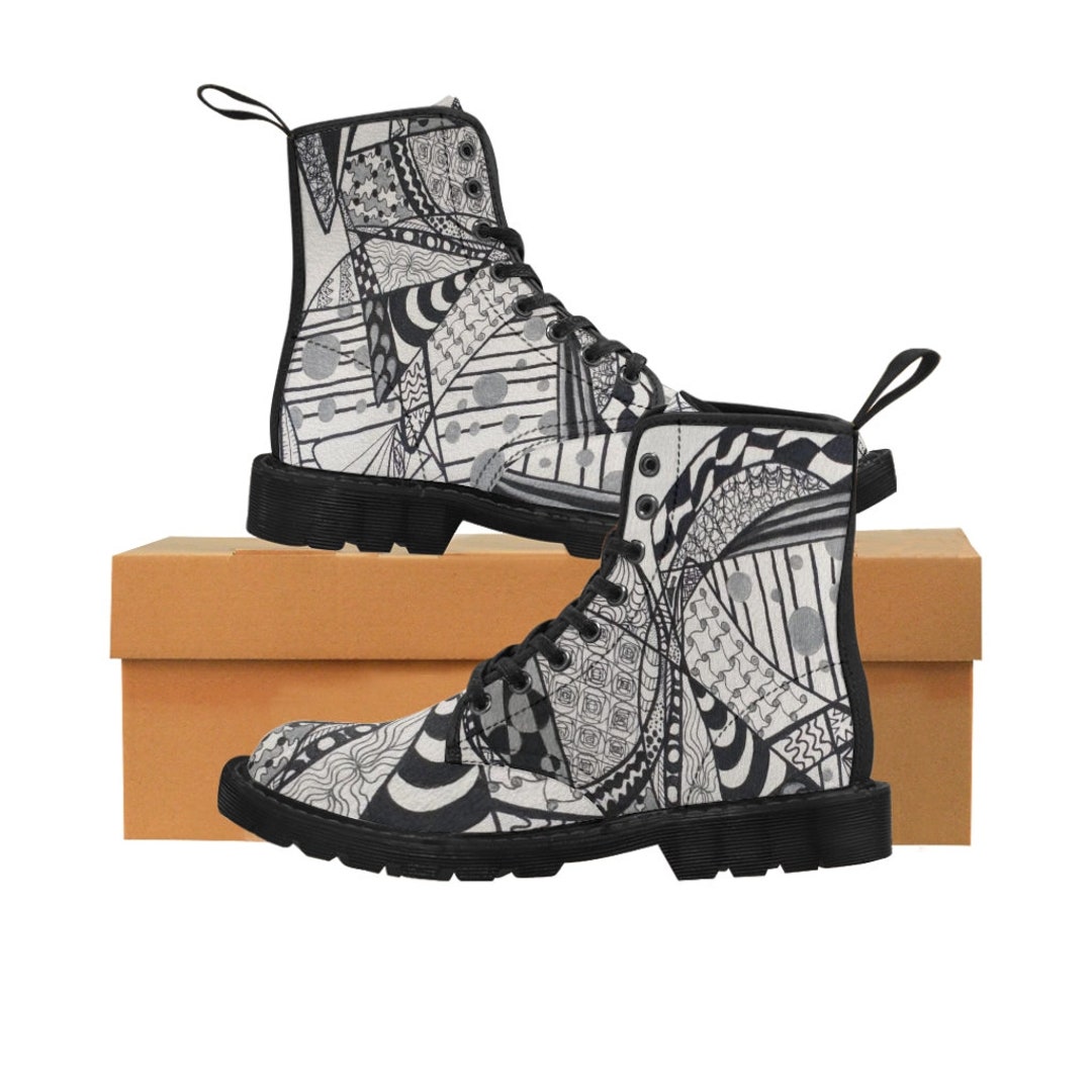 Black & White Abstract Zentangle Men's Canvas Boots - Etsy