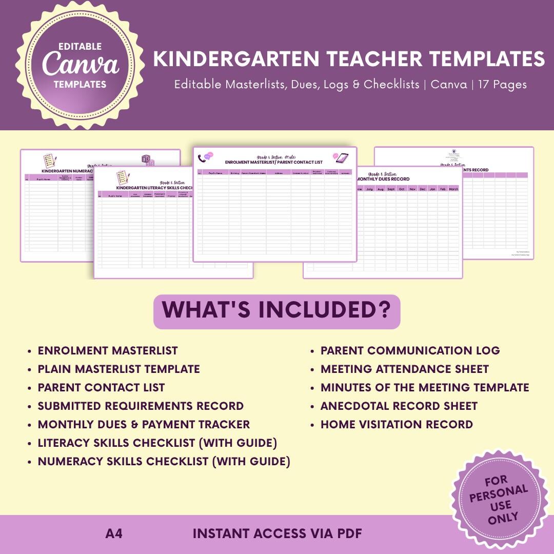 Editable Kindergarten Teacher Templates – Masterlist, Dues, Logs ...